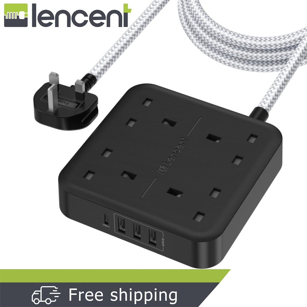 LENCENT Extension Lead with USB C Port 4 Way Outlets Power Strip with 1 ...