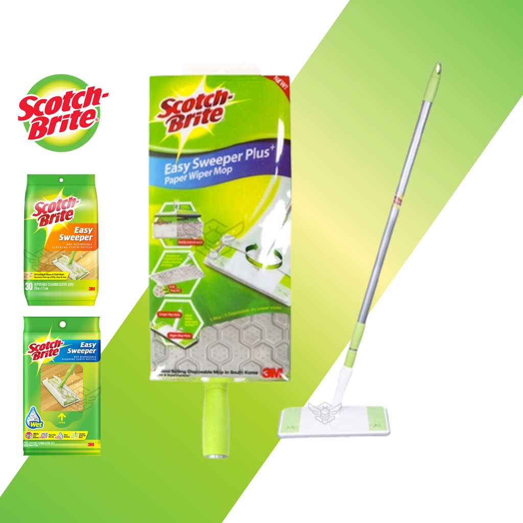 3M Scotch Brite Easy Sweeper Plus Set 360 Rotate Mop Flat Mop Paper Wiper Mop Dry Wet Disposable ...