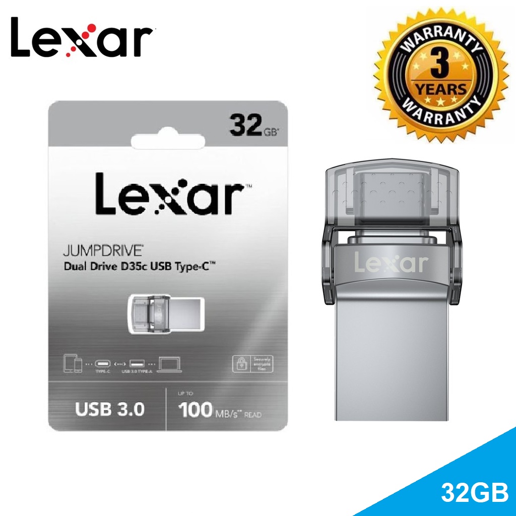 Lexar 32GB/64GB/128GB JumpDrive Dual Drive D35c USB 3.0 Type-C Flash ...