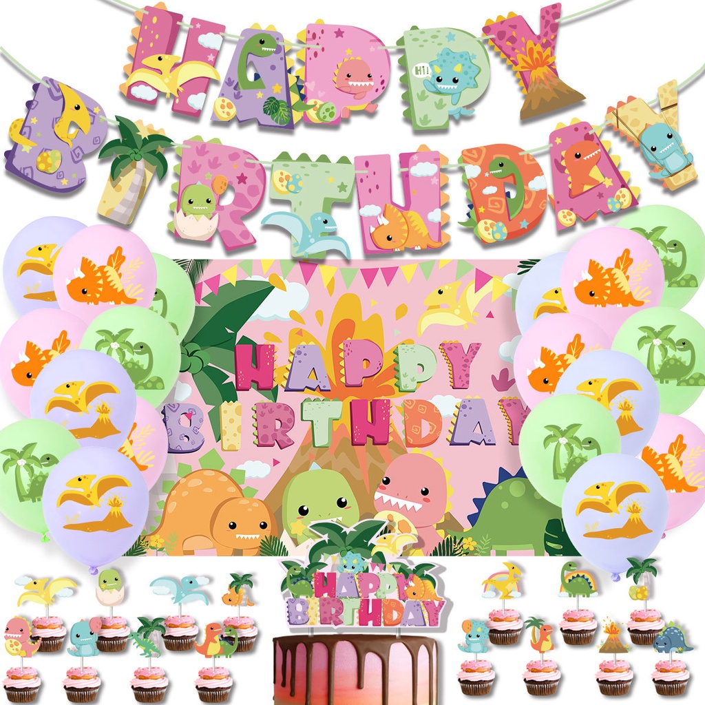 Jom Party Pink Dinosaur Happy Birthday Banner Latex Balloon Party ...