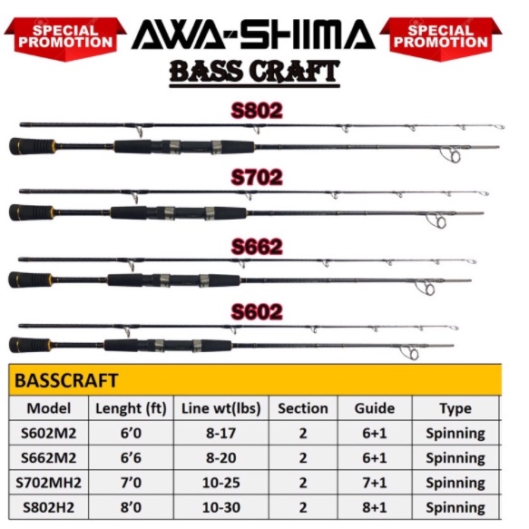 NEW AWA-SHIMA fishing rod BASSCRAFT S602 S662 S702 S802 2 PCS SPINNING ...