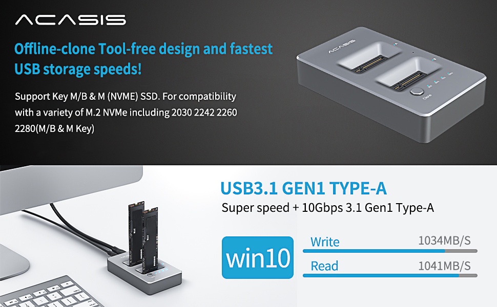 ACASIS Type C USB 10Gps To NVME Dual Bay Docking Station For M2 SSD Key ...