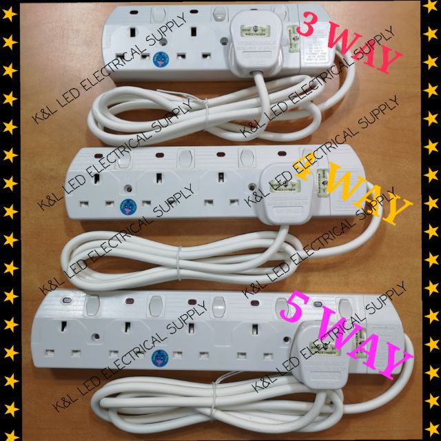 3 WAY / 4 WAY / 5 WAY 13A AMP TRAILING SOCKET WITH NEON 2 METER ...