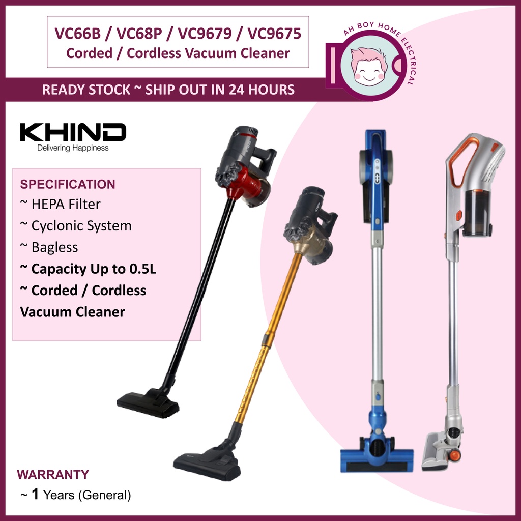 Khind Cyclonic Handheld Vacuum Cleaner with HEPA Filter Corded Cordless ...