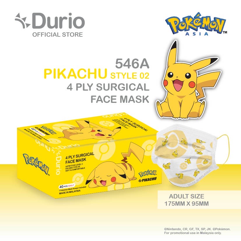 Durio 546A Pokemon Adult 4 Ply Surgical Face Mask - Pikachu 02 (40 Pcs ...