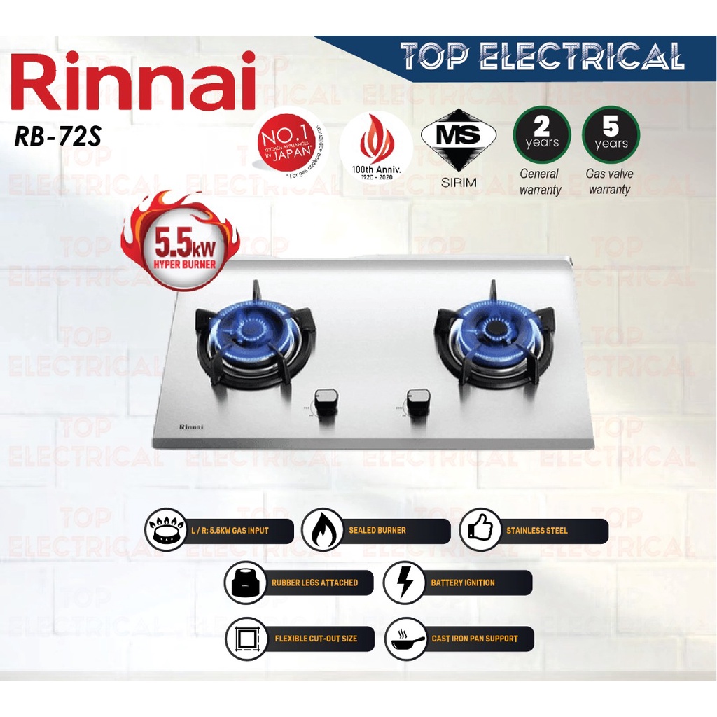 RINNAI 2-HYPER BURNER BUILT-IN GAS HOB / RB-72S / DAPUR MASAK / GAS STOVE / STAINLESS STEEL ...