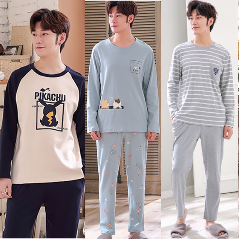 cotton men pyjamas Cute sleepwear man pajamas set male nightwear Korean ...