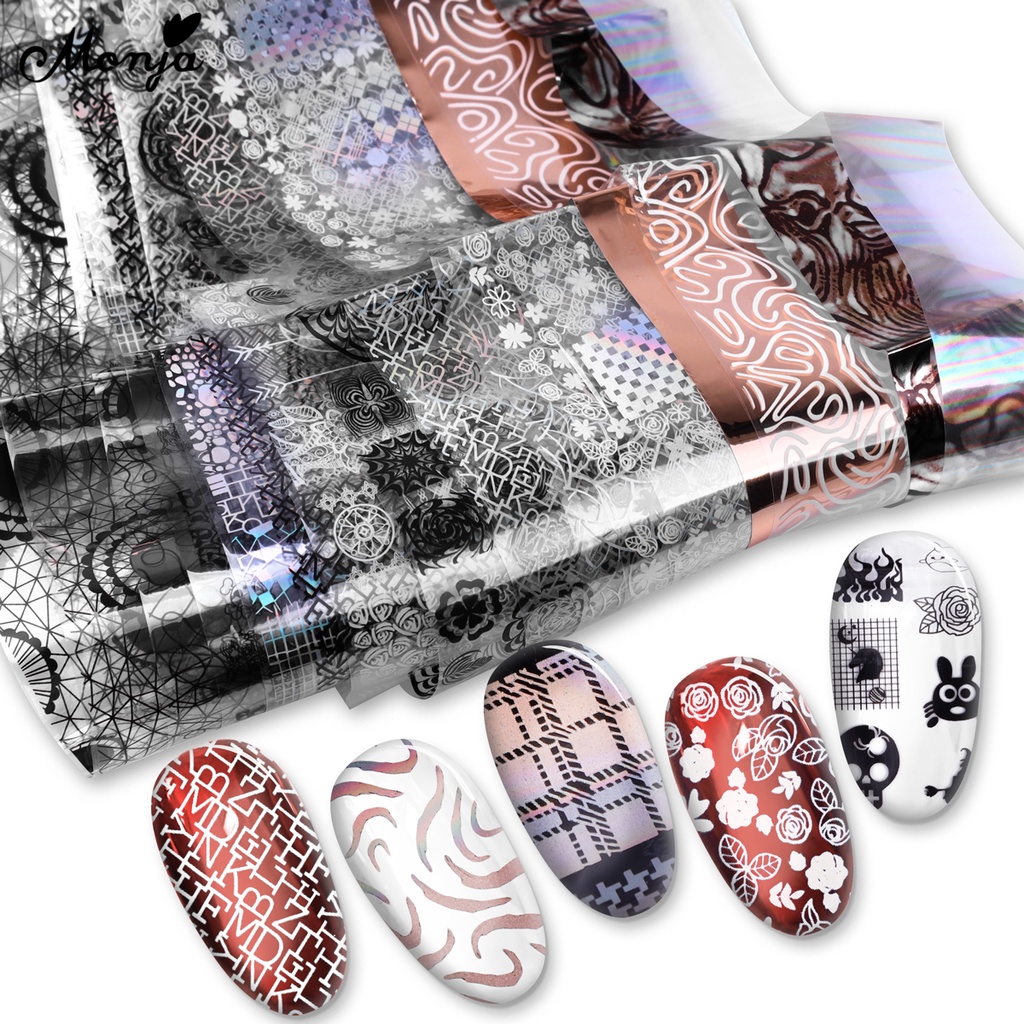 Monja 6pcs Random Nail Foil Stickers Black White Lace Decals Full Cover ...