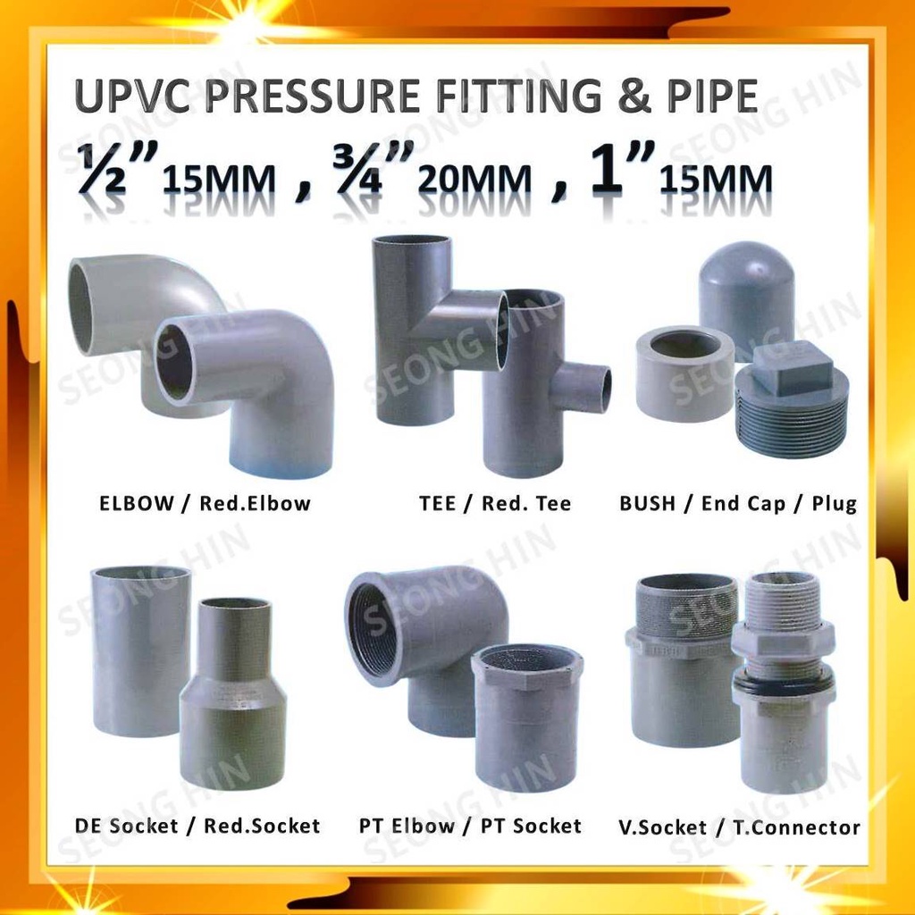 PVC PRESSURE FITTING 15mm 1/2" / 20mm 3/4" Socket Elbow Tee PT.Socket PT.Elbow Plug Endcap Tank ...
