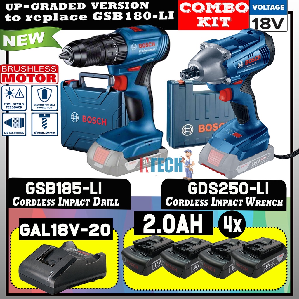 BOSCH 18V COMBO GDS250LI CORDLESS IMPACT WRENCH + GSB185-LI BRUSHLESS ...