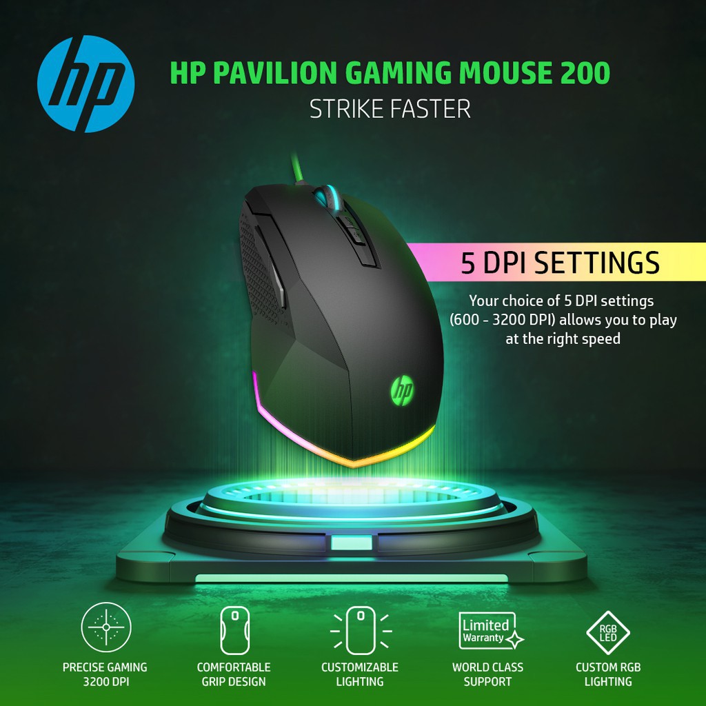 HP Pavilion Gaming Mouse 200 Wired USB 3200 DPI Pixart Optical Gaming ...