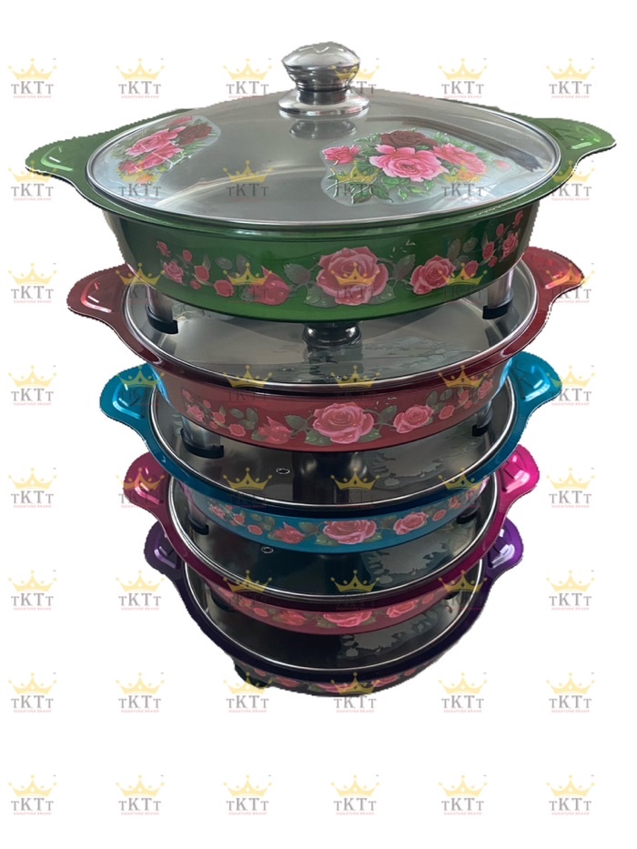 TKTT 31cm Round Colourful Buffet Set Rose Design Glass Lid Food Pan ...