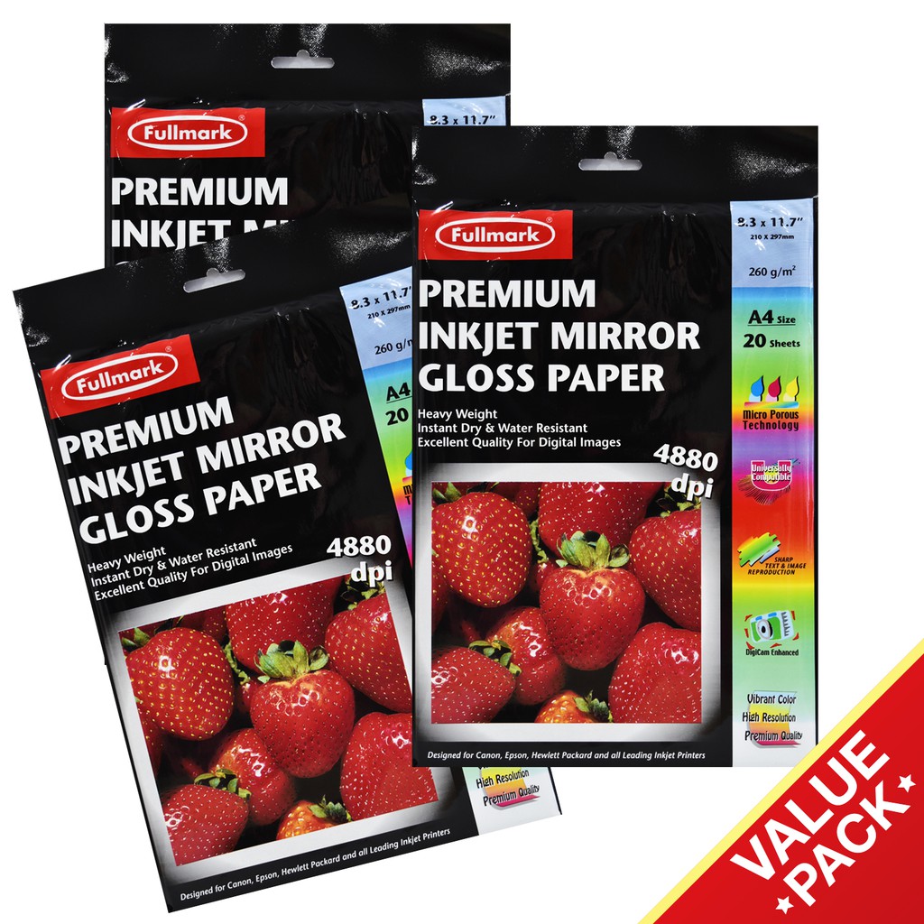 Fullmark A4 Mirror Gloss Paper Premium Inkjet 260gsm - 3 pack (PPIMG20 ...