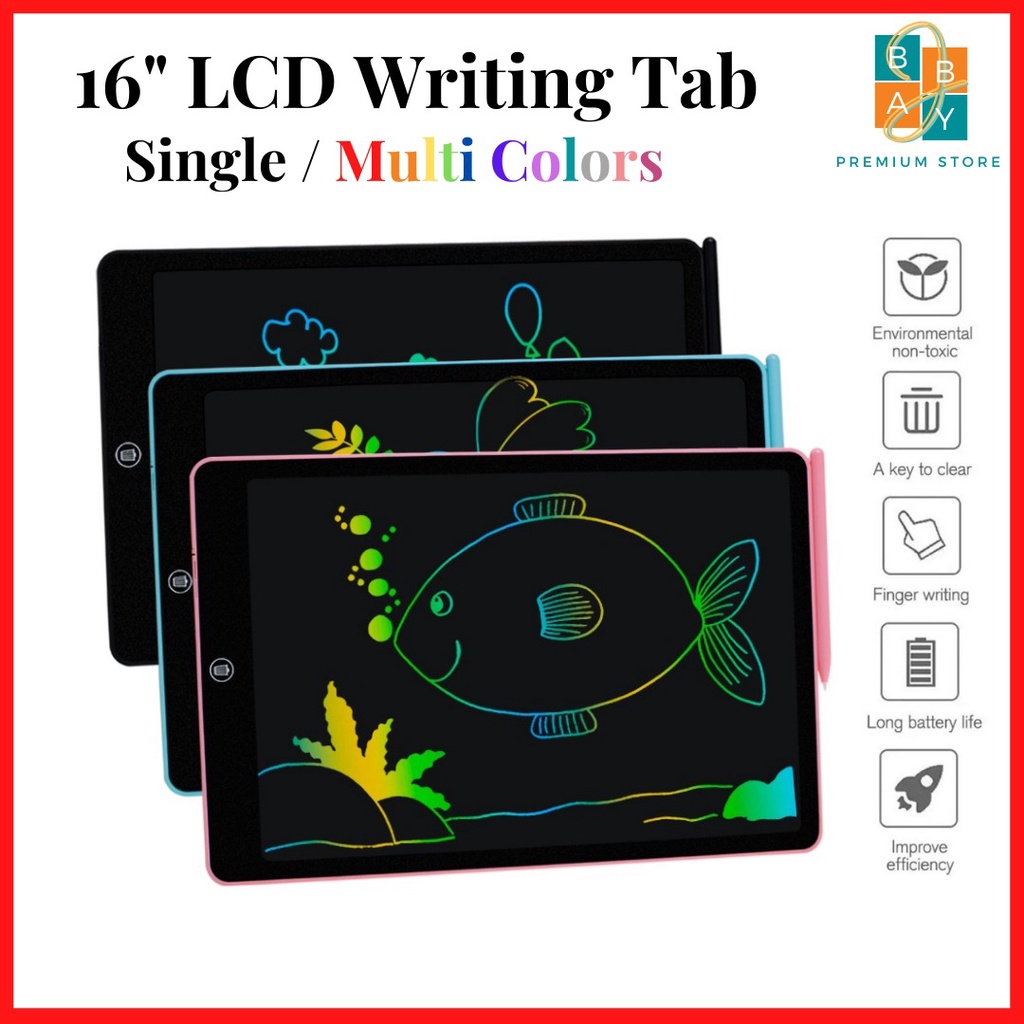 Rechargeable LCD Writing Tablet Multi Color Screen 16" Erasable Kids ...