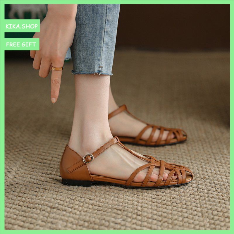 【Ready stock 】Flats retro Roman literary style hollow toe sandals women s thick heel 2022 summer ...