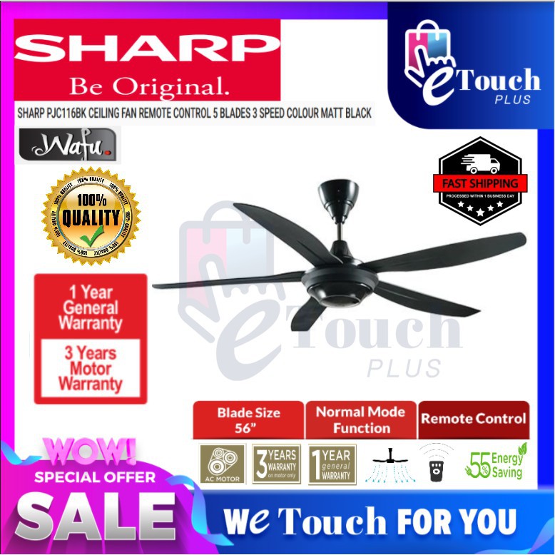 Sharp 3 Speed Ceiling Fan 5 Blade With Remote Control (56") PJC116BK ...