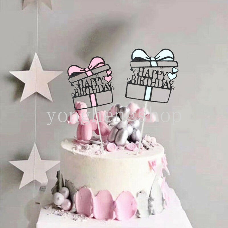 Creative Pink /Blue Gift Box Shaped Cake topper Birthday Cake Decor ...