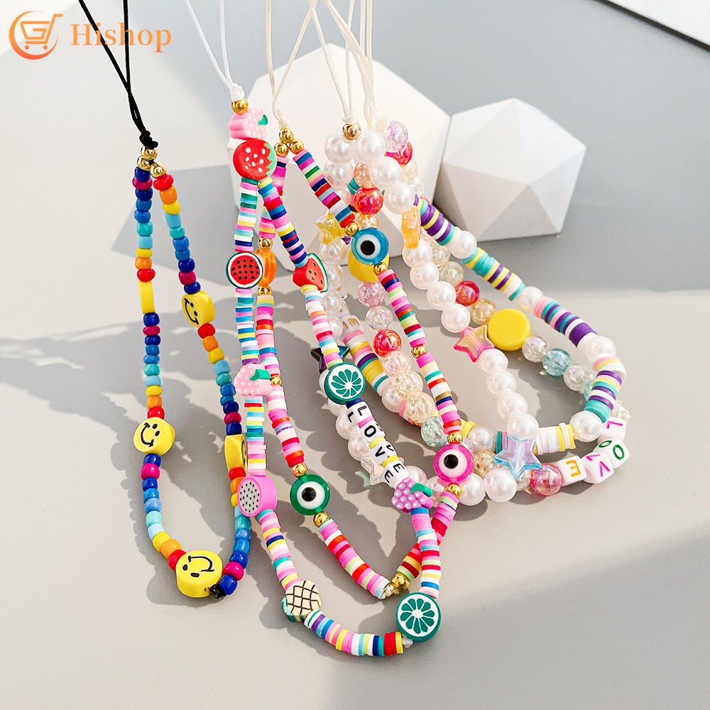 Colorful Pearl Beads Mobile Phone Chain Smile Face Evil Eye Phone ...