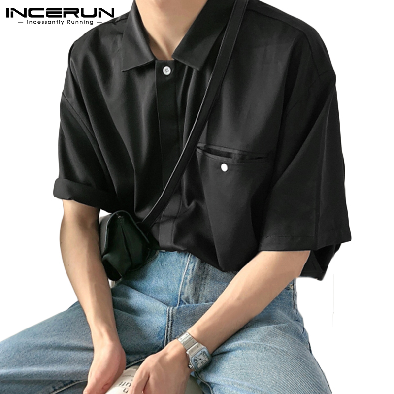 Incerun Men Casual Simple Retro Style Short Sleeve Lapel Button Up