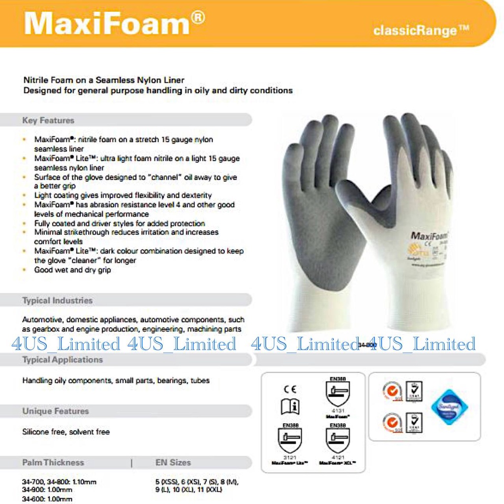 MaxiFoam LITE 34-600 & 34-900 Safety Gloves | Mechanical work gloves | Dry/Dirty environment ...