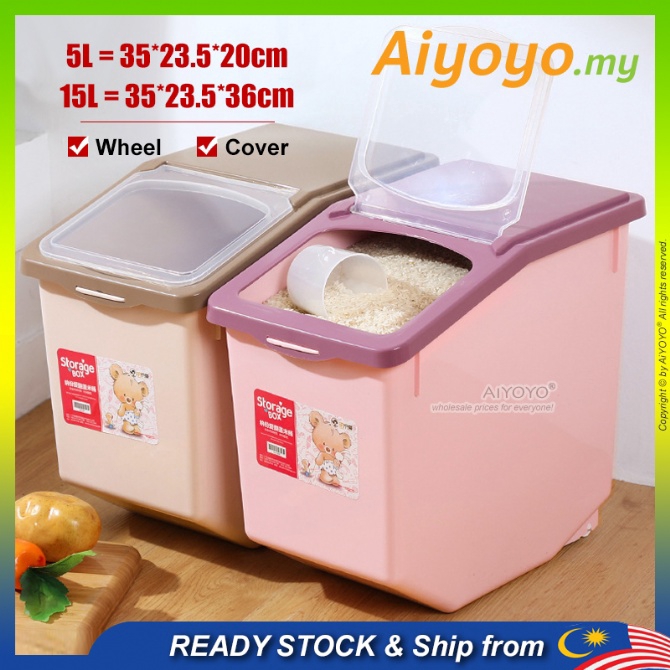Rice Dispenser Storage Container Box Bekas Beras 5L 10L 15L Kitchen ...
