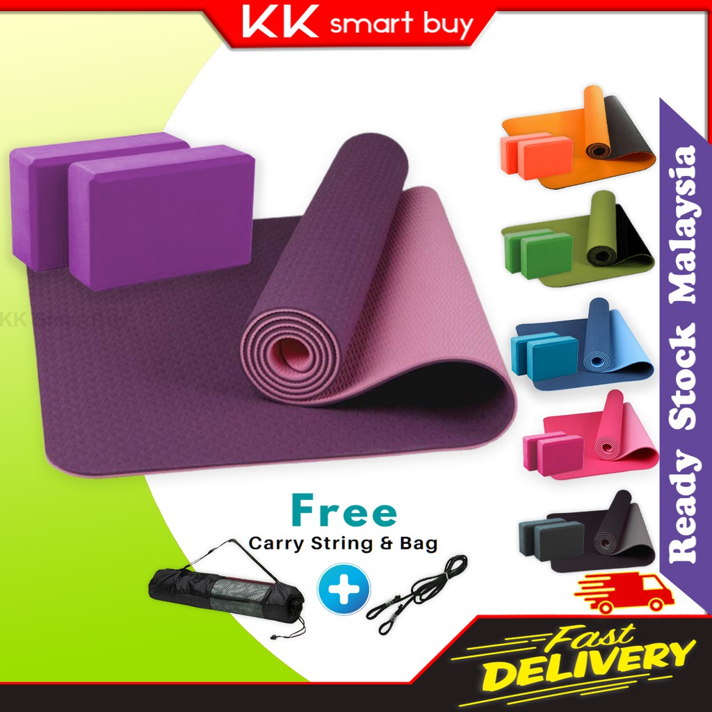 Combo TPE Yoga Mat Block pair set exercise fitness brick blocks matt ...