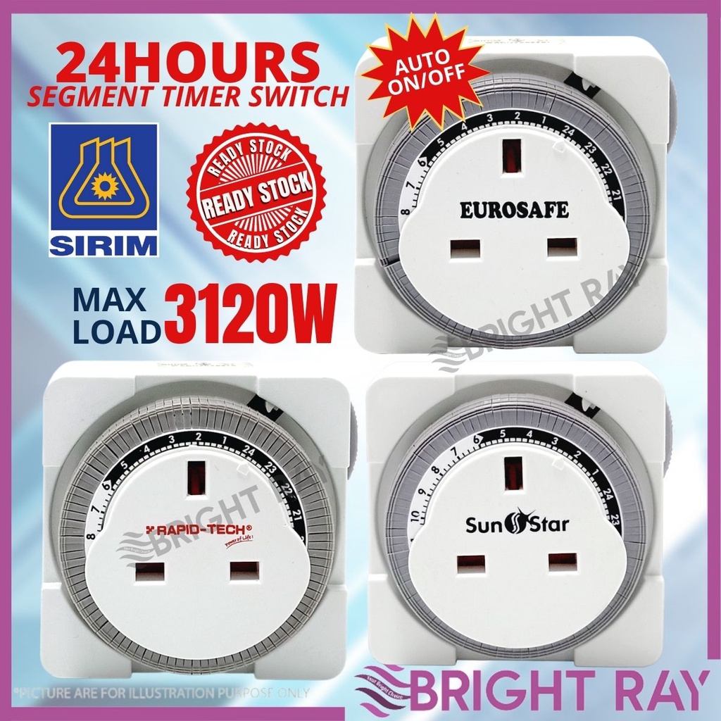(SIRIM) EUROSAFE/RAPID-TECH/SUNSTAR 24hrs 13Amp Plug In Timer Switch Analog THEBEN type (White ...