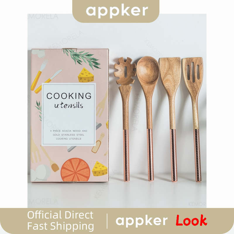 APPKER Wooden Cooking Utensils Copper Serving Cooking Utensils Sets ...