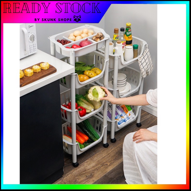SS Kitchen Basket Storage Trolley Rack + Vegetables Tray with Wheels ...