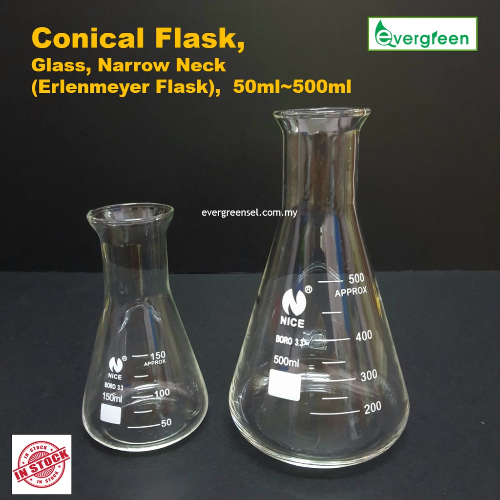 Kelalang Kon Leher Sempit Kaca 50ml~500ml/ Conical Flask, Glass, Narrow ...