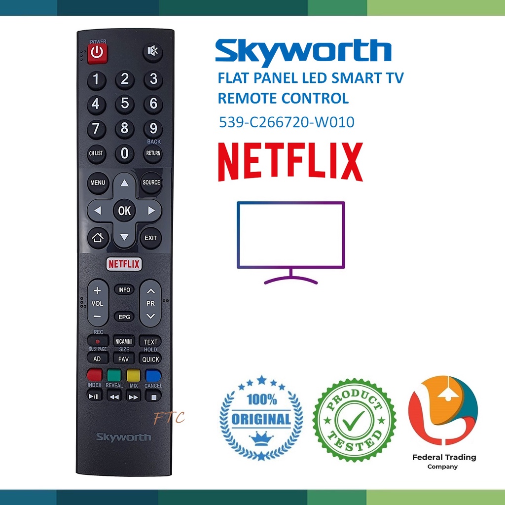 Skyworth Original Netflix Flat Panel LED Tv Remote Control (539C-266720 ...