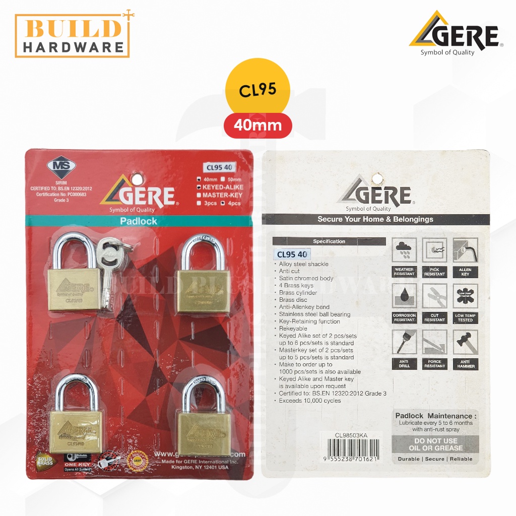 GERE SQ 40mm/50mm CL95 Keyed-Alike Padlock Chromed Brass Key Alike ...