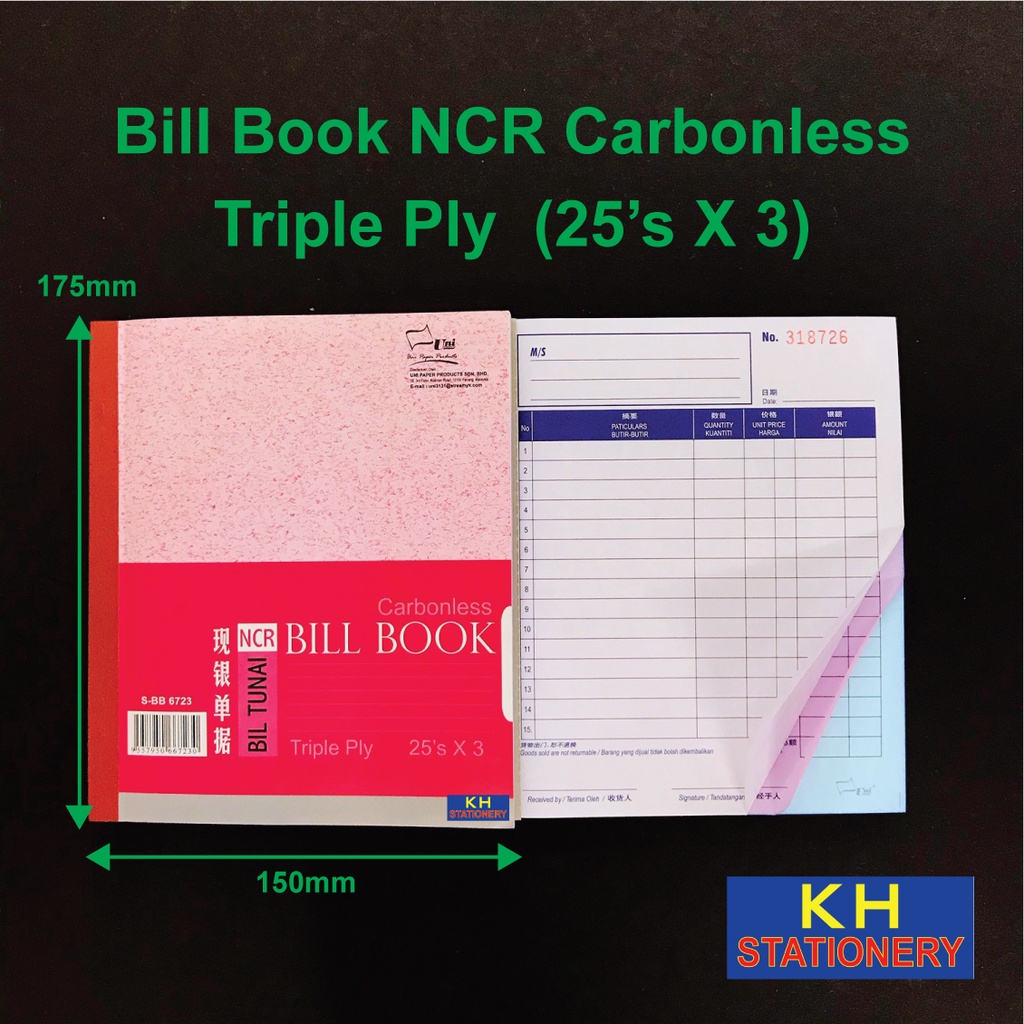 Uni Bill Book NCR 3 Ply / Triple Ply / Bil Tunai Carbonless 25's x 3 S-BB 6723 / Receipt Book ...