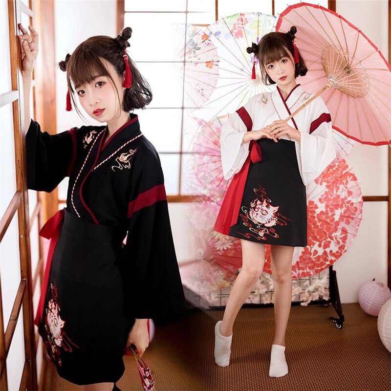 Woman Japanese Dress Kimono Sweet Cat Embroidery Yukata Haori Cosplay ...