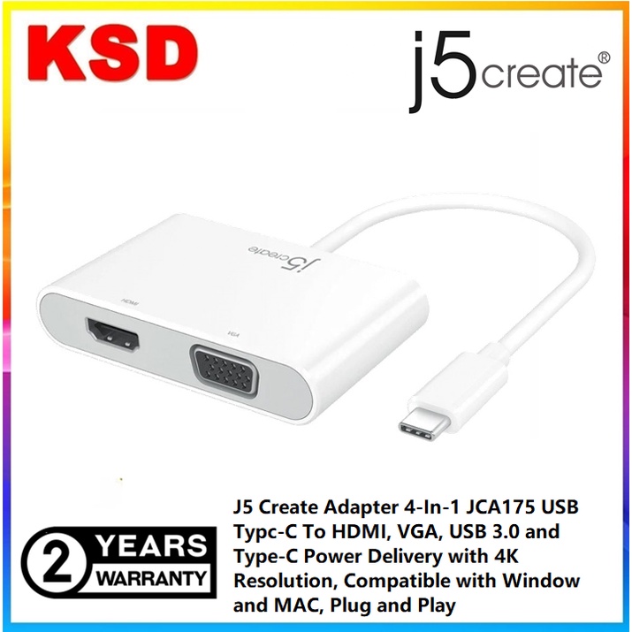 J5 Create Adapter 4-In-1 JCA175 USB Typc-C To HDMI, VGA, USB 3.0 and ...