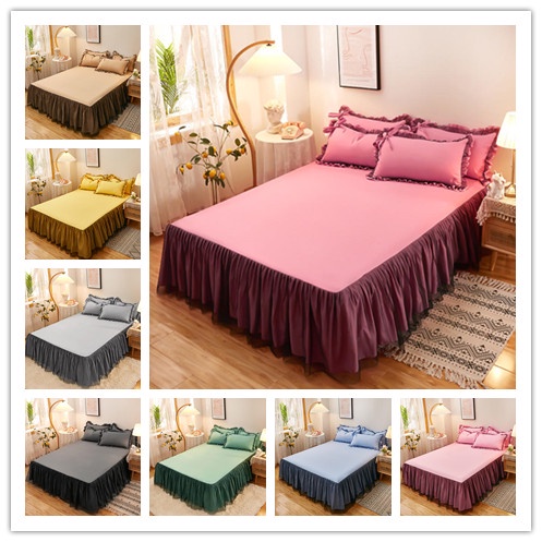 1 PC Pure Color Lace Brushed Bed Skirt Simple Style Orange Color Bed ...