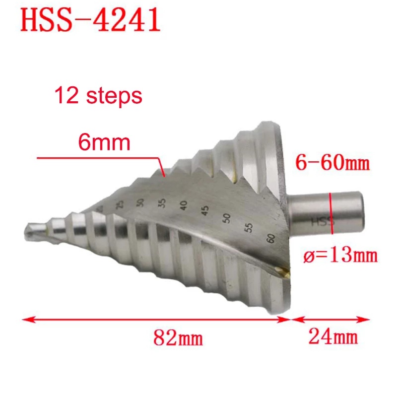 6-60mm Hss 4241 Step Cone Drill Bit Hole Cutter Set 12 Steps Metric Step Drill Wood Plastic ...