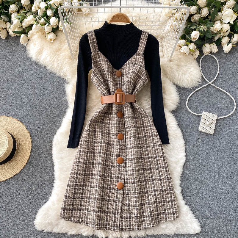 Retro Chic Hong Kong Style Suit Ladies Plaid Tweed Suspender Dress ...