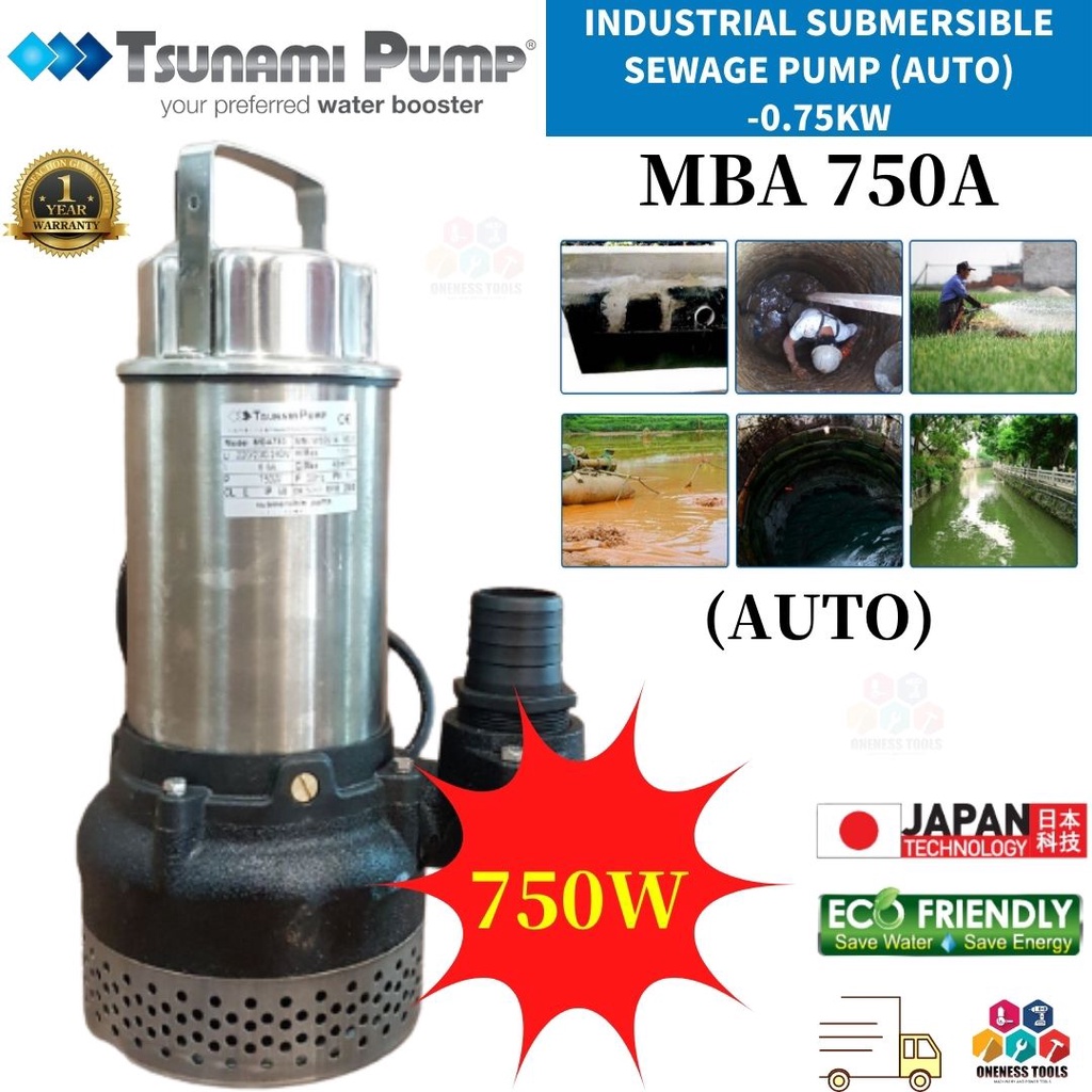 ''TSUNAMI PUMP'' INDUSTRIAL SUBMERSIBLE SEWAGE PUMP (AUTO) -0.75KW (MBA ...