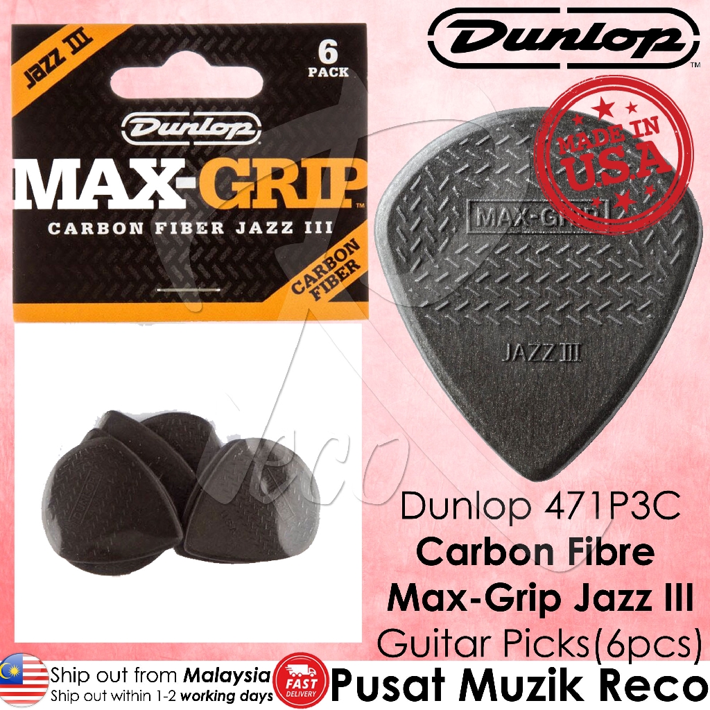 Dunlop 471P3C Carbon Fiber NON SLIP Max Grip Jazz III Guitar Pick 1 ...