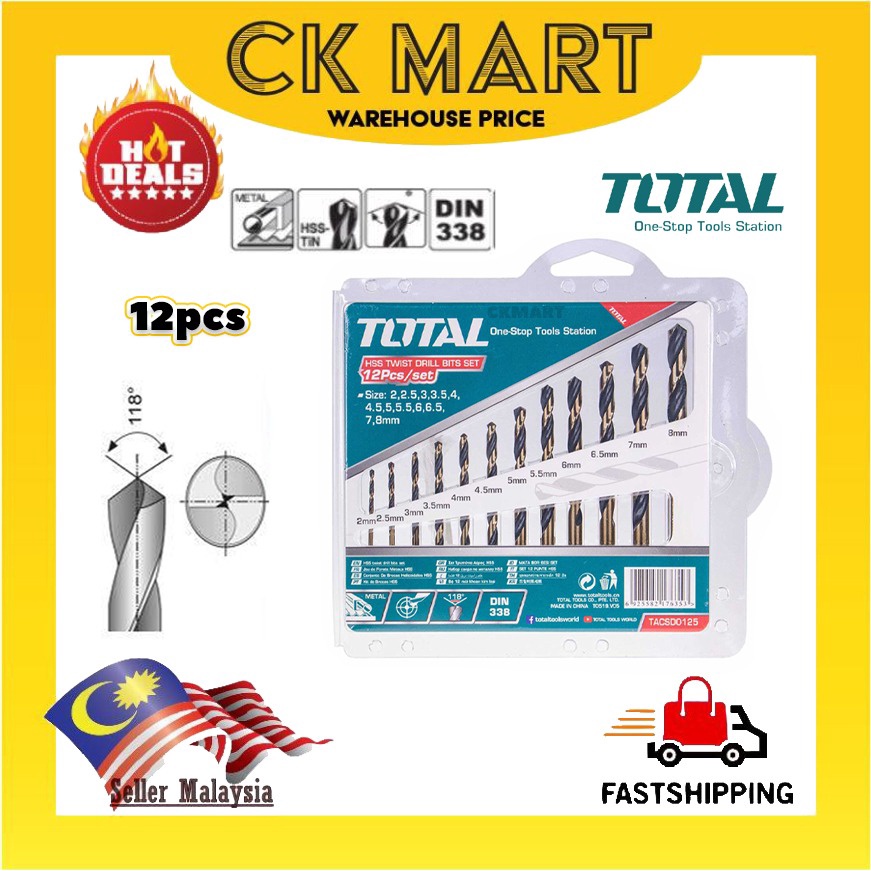 TOTAL 12PCS HSS Twist Drill Bits Set ( TACSD0125 ) / Mata Drill Besi ...