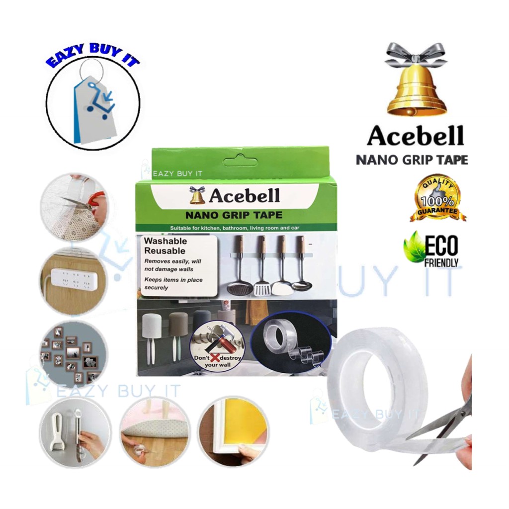 ACEBELL WASHABLE REUSABLE NANO GRIP TAPE DOUBLE SIDED ADHESIVE TAPE (3M ...