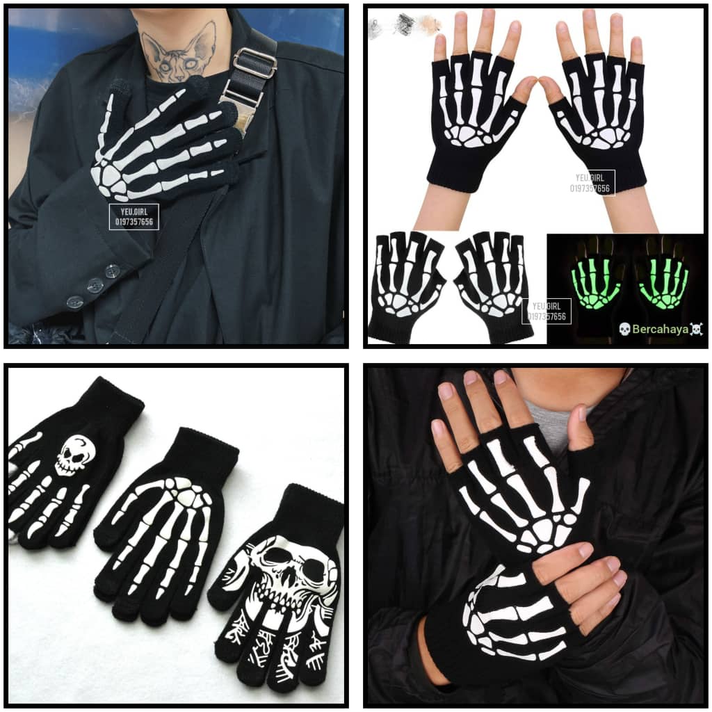 Unisex Adult/Kids Skeleton Skull Gloves Glow In The Dark Fingerless ...