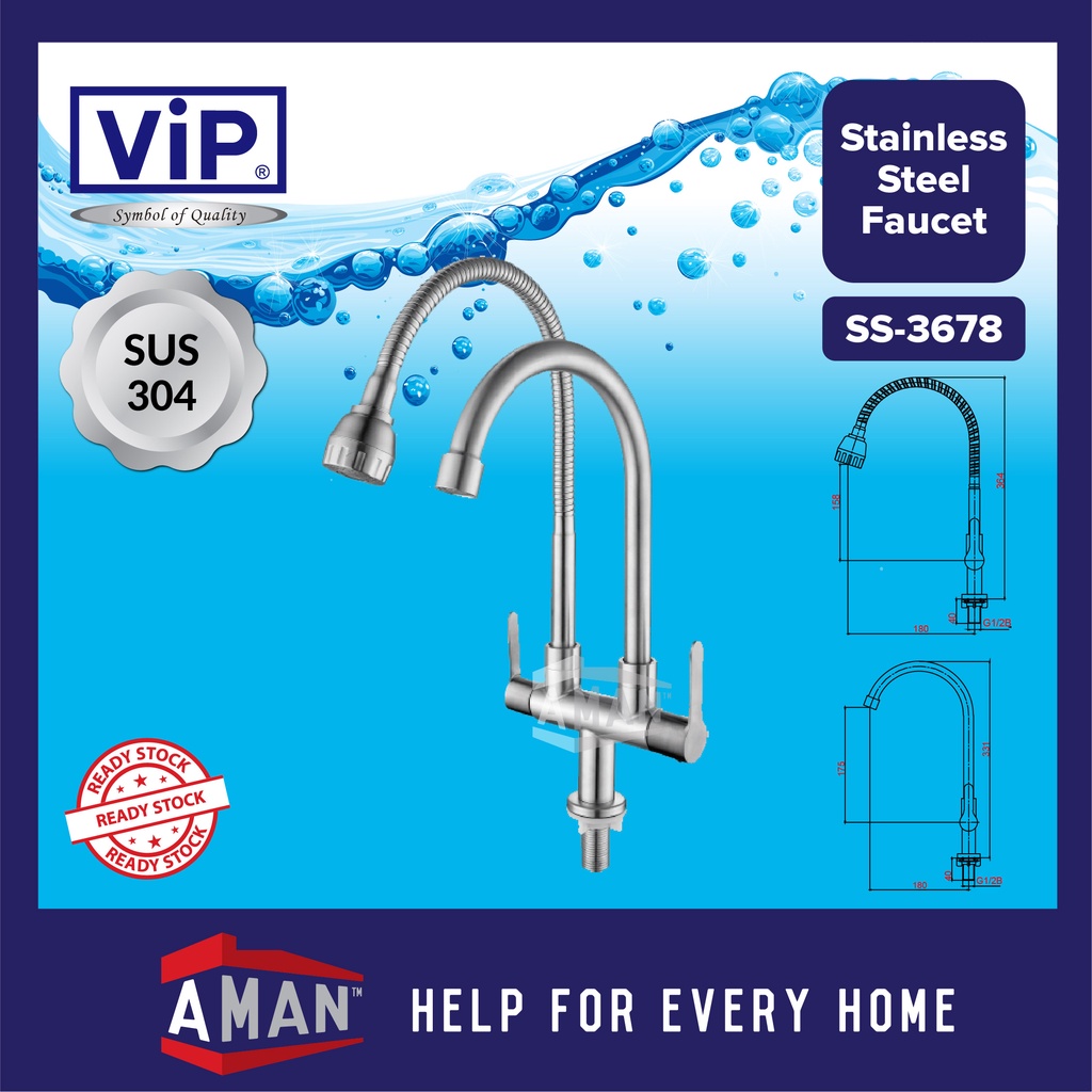 VIP SUS-304 Stainless Steel Fixed & Flexible Double Pillar Sink Tap ...