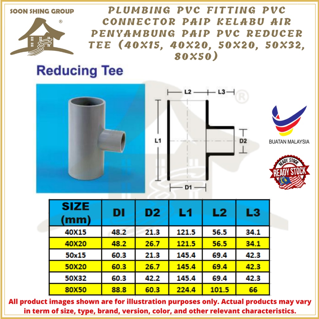 Plumbing PVC Fitting PVC Connector Paip Kelabu Air Penyambung Paip PVC Reducer Tee (40X15, 40X20 ...