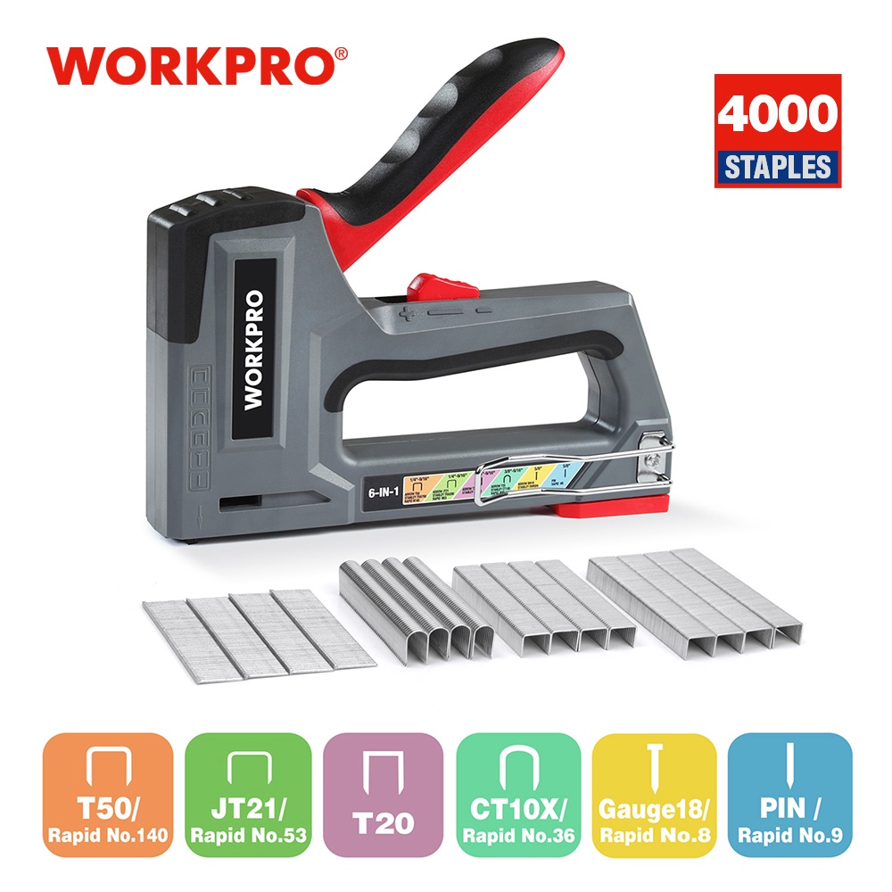 WORKPRO 6-in-1 Stapler Heavy Duty Staple Gun Manual Nail Gun free 4000PC Staples Wth Two Power ...