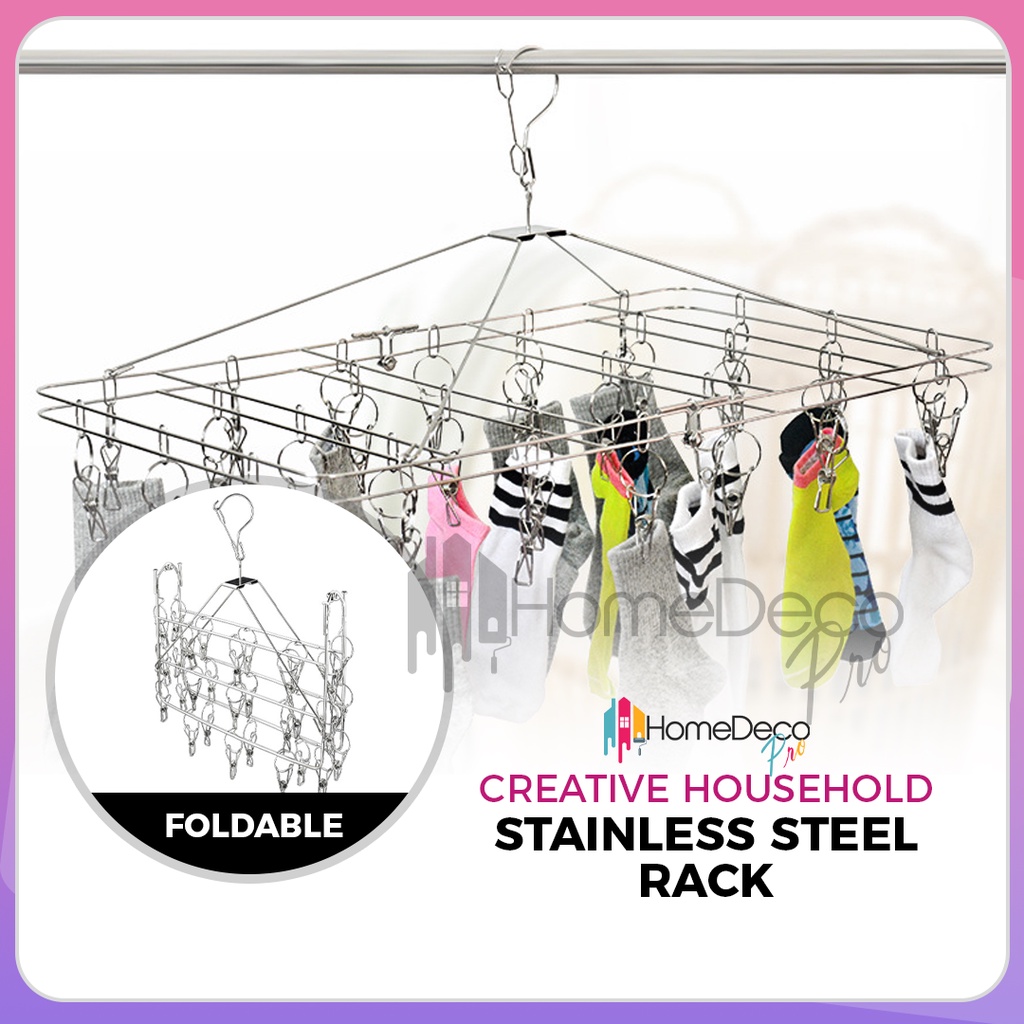 30 Clips Premium Stainless steel Square Folding Single-layer Socks Rack ...
