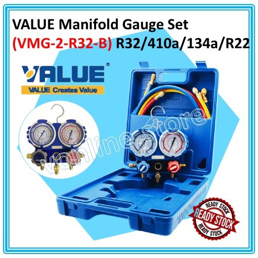 MANIFOLD GAUGE SET - VALUE (VMG-2-R32-B) R32, R410a, R22, R134a, R22 (VRM2-B-0701) - R404, R410a ...