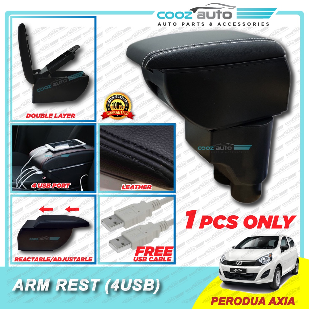 Armrest Double Layer Arm Rest 4 USB Console Black Leather Myvi Axia ...