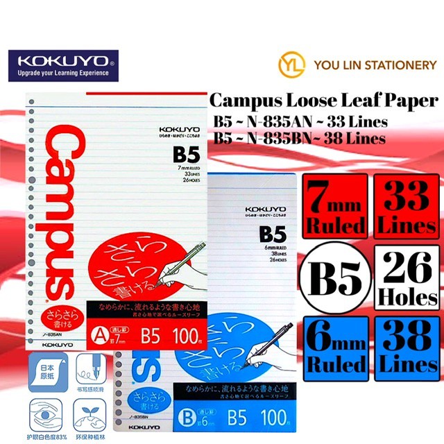 Kokuyo Campus Loose Paper 75g B5 26 Holes -Ruled- (N-835A 7mm 33 lines ...